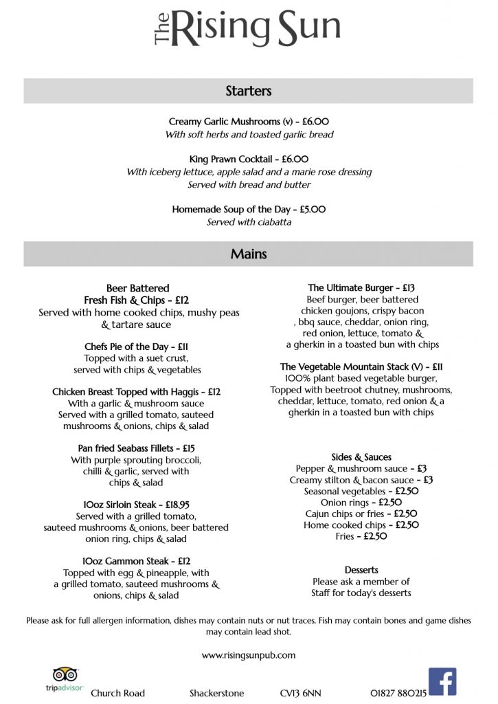 Dinner Menu The Rising Sun Dinner Menu The Rising Sun